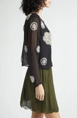 BODE Brooch Crystal Beaded Silk Georgette Top
