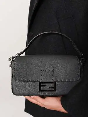 Fendi Baguette Leather Shoulder Bag With Selleria Stitchings - Grey