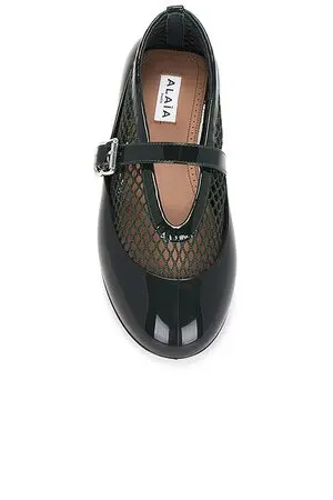 Alaïa Mesh And Patent Calfskin Flats With Buckle Closure - Vert Foret