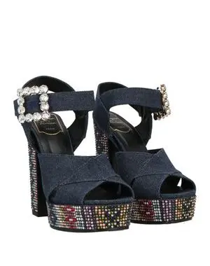 ROGER VIVIER Embellished Denim Slingback Sandals