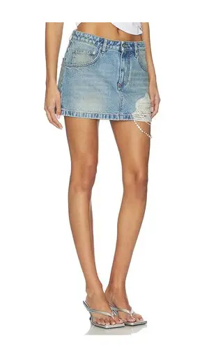 AREA Crystal Fray Denim Mini Skirt - Medium Blue