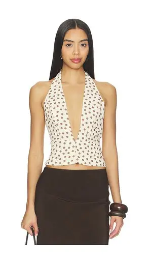 Majorelle Leona Halter Top With Plunge Neckline And Tie Detail - Lemon,brown