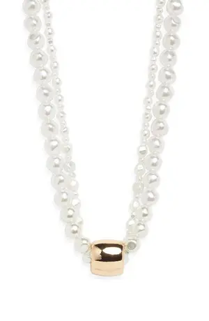 OPEN EDIT Bead Pendant Faux Pearl Collar Necklace - White- Gold