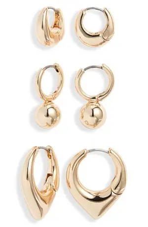 OPEN EDIT Set Of 3 Geometric Huggie Hoop Earrings - Gold