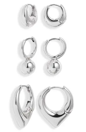 OPEN EDIT Set Of 3 Geometric Huggie Hoop Earrings - Silver