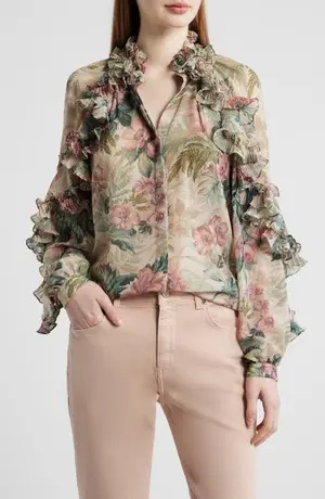 Kobi Halperin Esme Floral Ruffle Button-up Chiffon Shirt - Rose Multi