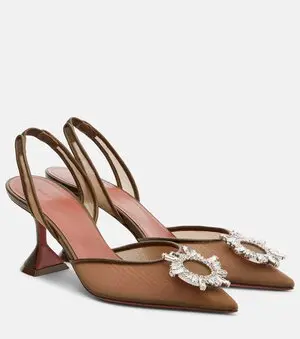 Amina Muaddi Embellished Mesh Slingback Pumps - Brown
