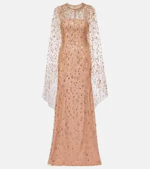 Jenny Packham Embellished Caped Gown - Pink