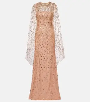 Jenny Packham Embellished Caped Gown - Pink