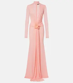 David Koma Draped Floral-appliqué Mesh Gown