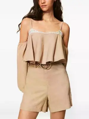 TWINSET Linen Blend Short Jumpsuit With Lace Detailing - Neutrals