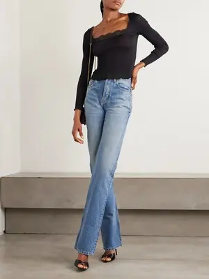 Saint Laurent Lace-trimmed Ribbed Silk Top - Black