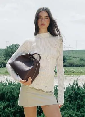 ELLEME Raisin Handbag In Caviar Leather With White Stitching - Brown