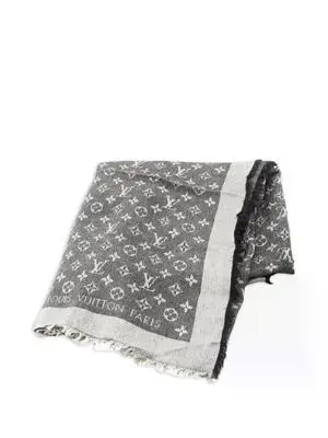 LOUIS VUITTON 2017 Monogram-print Fringed-hem Shawl - Grey