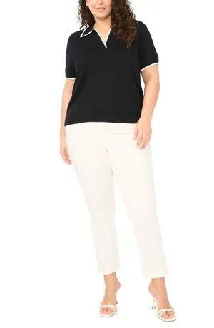 Halogen Tipped Johnny Collar Short Sleeve Sweater - Rich Black