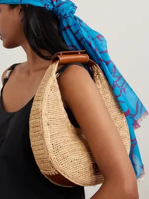 Staud Moon Leather-trimmed Raffia Tote