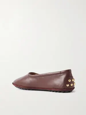 TOD'S Studded Suede-trimmed Glossed-leather Ballet Flats - Brown