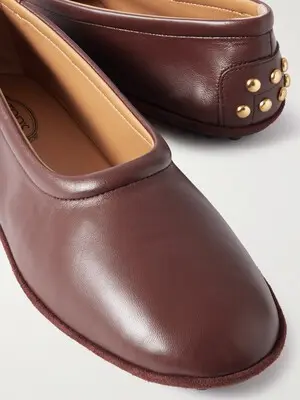 TOD'S Studded Suede-trimmed Glossed-leather Ballet Flats - Brown