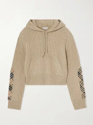Burberry Checked Bouclé-trimmed Ribbed Wool And Cashmere-blend Hoodie