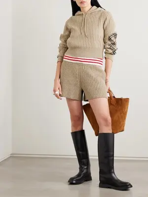 Burberry Checked Bouclé-trimmed Ribbed Wool And Cashmere-blend Hoodie