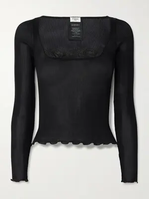 Saint Laurent Lace-trimmed Ribbed Silk Top - Black