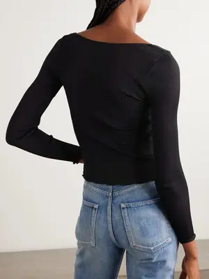 Saint Laurent Lace-trimmed Ribbed Silk Top - Black