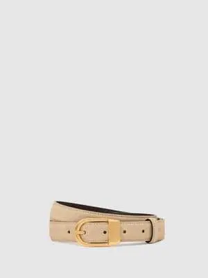 REISS Leather Belt With Curved Buckle - Stone