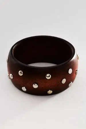 Anthropologie Studded Wood Bangle Bracelet - Brown/silver