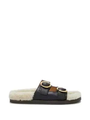 ODISSI Leather Sandals With Buckles And Shearling Lining - Black