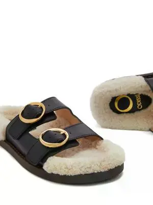 ODISSI Leather Sandals With Buckles And Shearling Lining - Black