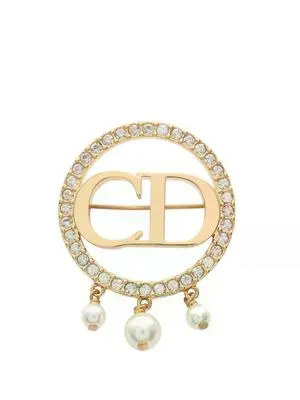 Dior Gold Plated Faux Pearl And Rhinestone Cd Logo Brooch - White