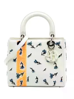 Dior 2015 Medium Floral Sequin Lady Satchel - White