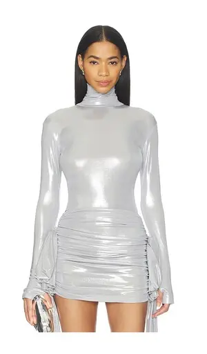 Norma Kamali Slim Fit Long Sleeve Turtle Top In Metallic Jersey