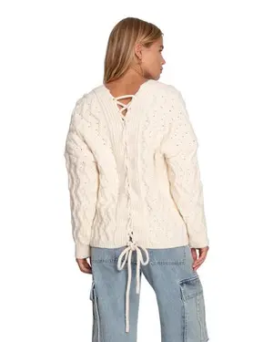 BELLE & BLOOM Chunky Cable Knit Cardigan With Back Tie