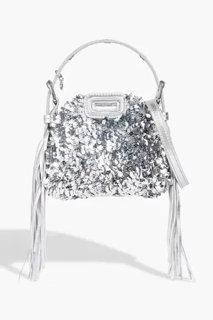 Maje Fringed Leather-trimmed Embellished Chenille Tote - Silver