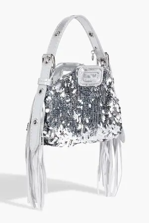 Maje Fringed Leather-trimmed Embellished Chenille Tote