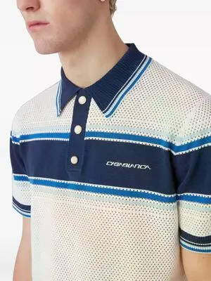 Casablanca Blue Striped Mesh Short Sleeve Polo Shirt - White