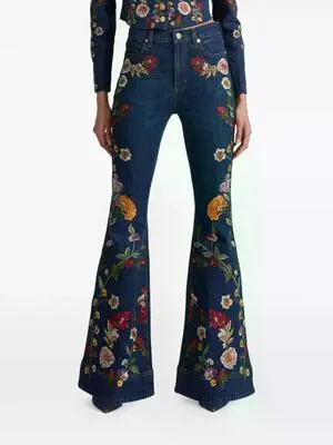 Alice + Olivia Floral Embroidered Bell-bottom Jeans
