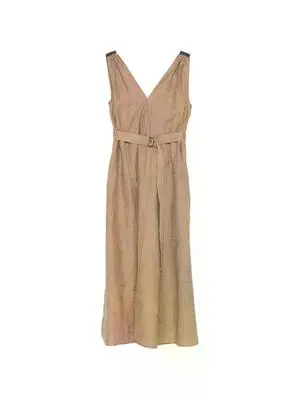 Brunello Cucinelli V-neck Belted Midi Dress - Brown