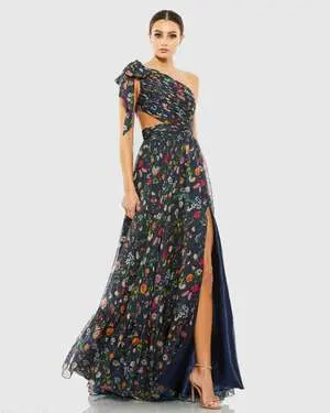 Mac Duggal One Shoulder Cut-out Flowy Gown - Navy Multi