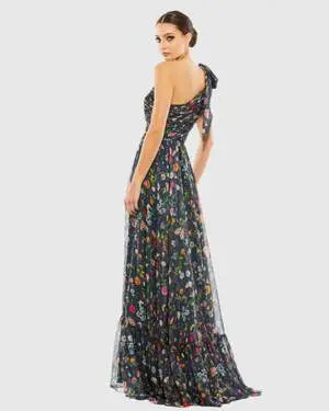Mac Duggal One Shoulder Cut-out Flowy Gown - Navy Multi