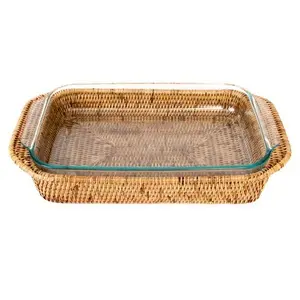 ARTIFACTS TRADING COMPANY™ Artifacts Rattan Rectangular Baker Basket With Pyrex13" Inches - Honey Brown