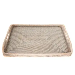 ARTIFACTS TRADING COMPANY™ Artifacts Rattan Rectangular Tray With Glass Insert - White Wash