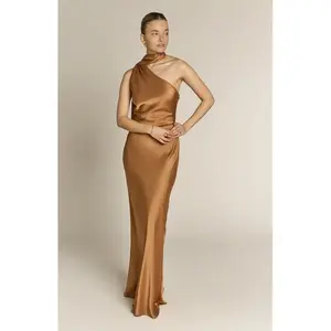 REWRITTEN One-shoulder Satin Dress - Caramel