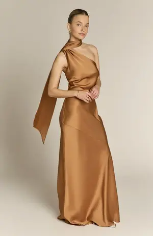 REWRITTEN Raye One Shoulder Luxe Satin Gown - Caramel