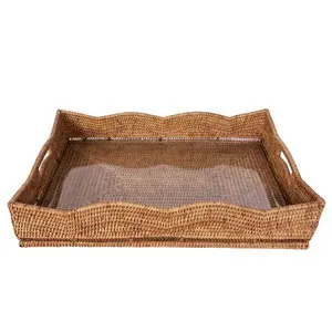 ARTIFACTS TRADING COMPANY™ Artifacts Rattan Scallop Rectangular Tray With Glass Insert - Honey Brown