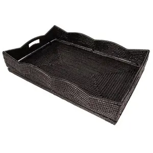 ARTIFACTS TRADING COMPANY™ Artifacts Rattan Scallop Rectangular Tray With Glass Insert - Tudor Black