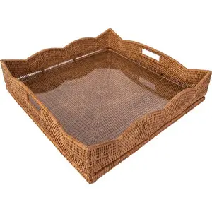 ARTIFACTS TRADING COMPANY™ Artifacts Rattan Scallop Square Tray With Glass Insert - Honey Brown
