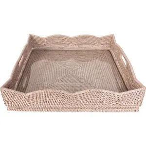 ARTIFACTS TRADING COMPANY™ Artifacts Rattan Scallop Square Tray With Glass Insert - White Wash