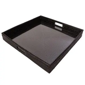 ARTIFACTS TRADING COMPANY™ Artifacts Rattan Square Serving Ottoman Trays With Glass Insert - Tudor Black